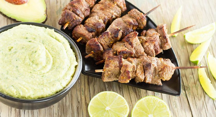 Steak Satay with Spicy Avocado Dipping Sauce